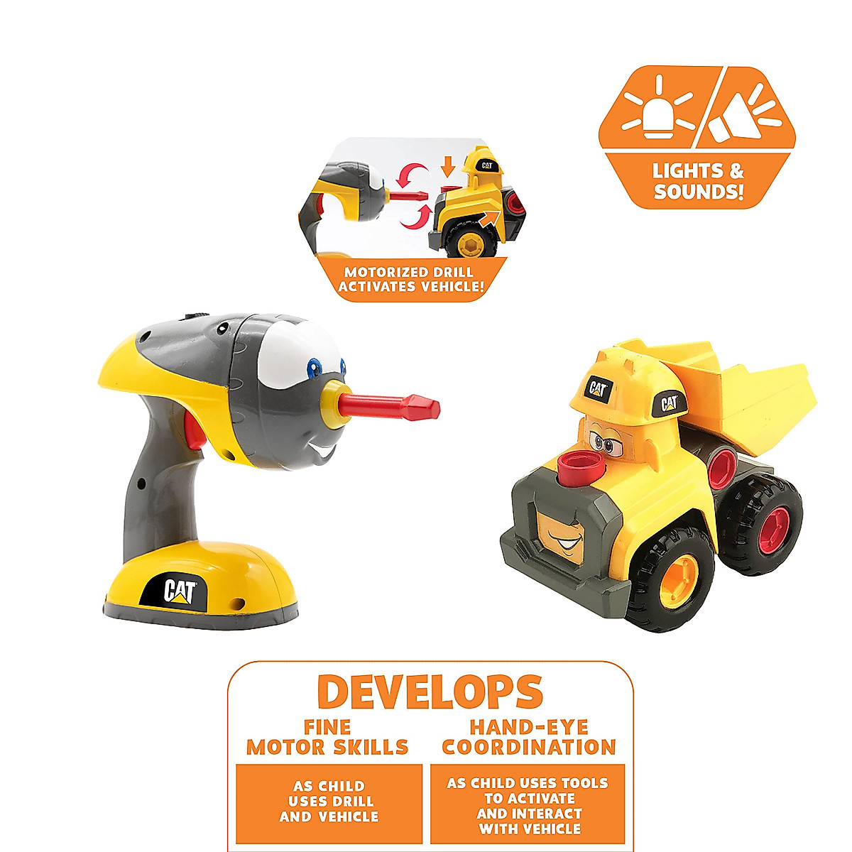 CAT Construction Toys, Junior Crew Fix-It Fleet Construction Toy Dump Truck, Ages 3+, Motorized Drill, Lights & Sounds, Fine Motor Skills, Batteries Included