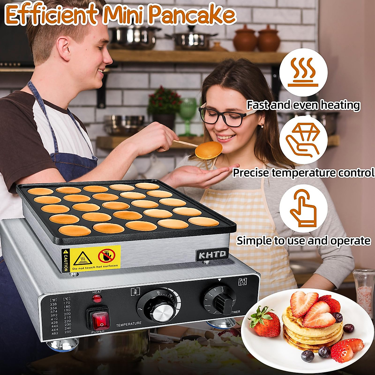 KHTD Mini Pancake Maker Machine, 25PCS Electric Nonstick Dutch Pancake Maker, 1.6 Inches Commercial Muffin Maker with Thermostat & Timer Control for Home Restaurant Snacks (12.8"D x 11.5"W x 7.6"H)