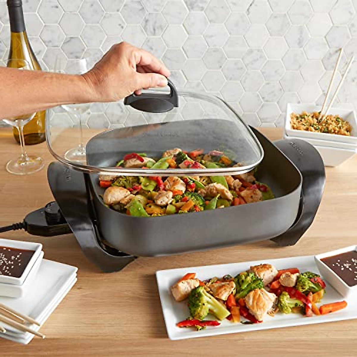 West Bend Electric Skillet, Family-Sized 3-Inch Deep with Diamond Shield Scratch-Resistant Non-Stick Finish, 12-Inch, Gray
