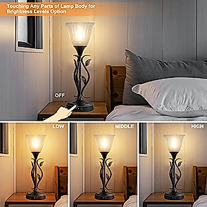 Opoway Set of 2 Touch Control Table Lamps, 3-Way Dimmable Torchiere Bedside Lamps with Dual USB Charging Ports, Leaf Body and Glass Shade Retro Lamps for Living Room, Bedroom, LED Bulb Included