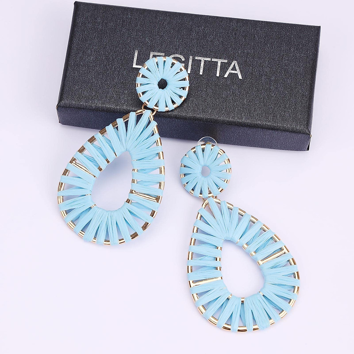 Legitta Raffia Teardrop Dangle Earrings Blue Bohemian Tassel Fringe Rattan Hoop Statement Drop Earrings for Women