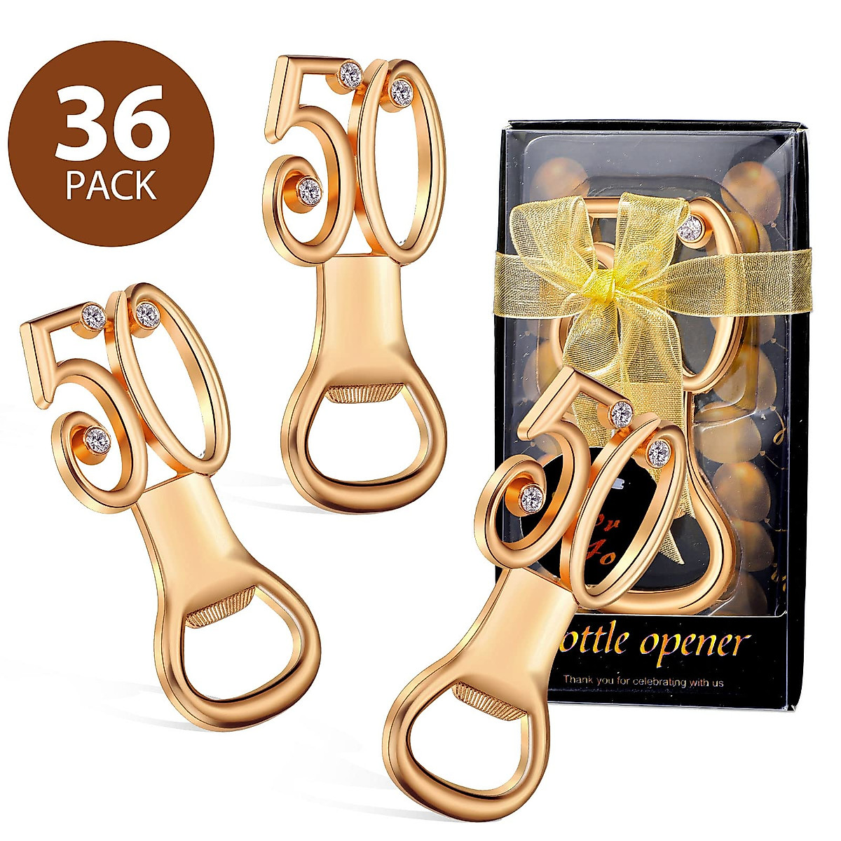 36 Pieces 50th Bottle Openers Golden Birthday Bottle Opener with Present Box Packing for 50th Birthday Party Favors 50th Wedding Anniversary Party Souvenirs Decorations Bottle Opener (Black Package)