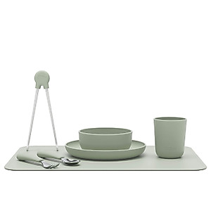 Lalo Big Bites Kids Dinnerware Full Set - Dishwasher Safe, BPA Free, Kids Tableware Set - Includes Stackable Bowl, Plate, Utensils & Cup - 7 Pieces - Sage