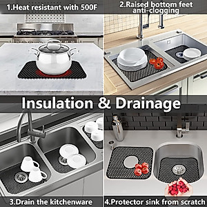 YUBIRD Sink Protectors for Kitchen Sink - 13.58"x 11.6" Sink Mat, 2 PCS Silicone Kitchen Sink Mat for Bottom of Stainless Steel Sink(Black, Ceter Drain)