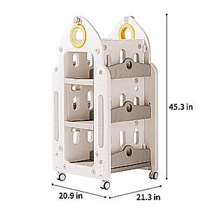 UNICOO Kids Rocket Toy & Bookshelf Storage Organizer, 3-Tier Plastic Rolling Cart, Side & Middle Shelves, Children's Bookshelf with Wheels for Playroom, Classroom, Nursery (White & Grey)