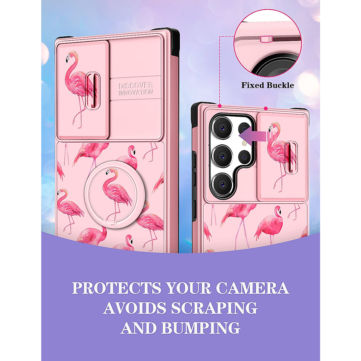 Goocrux (2in1 for Samsung Galaxy S23 Ultra Case Flamingo for Women Girls Cute Girly Phone Cover Flamingos Design with Slide Camera Cover+Ring Holder Unique Aesthetic Cases for S23 Ultra 5G 6.8''