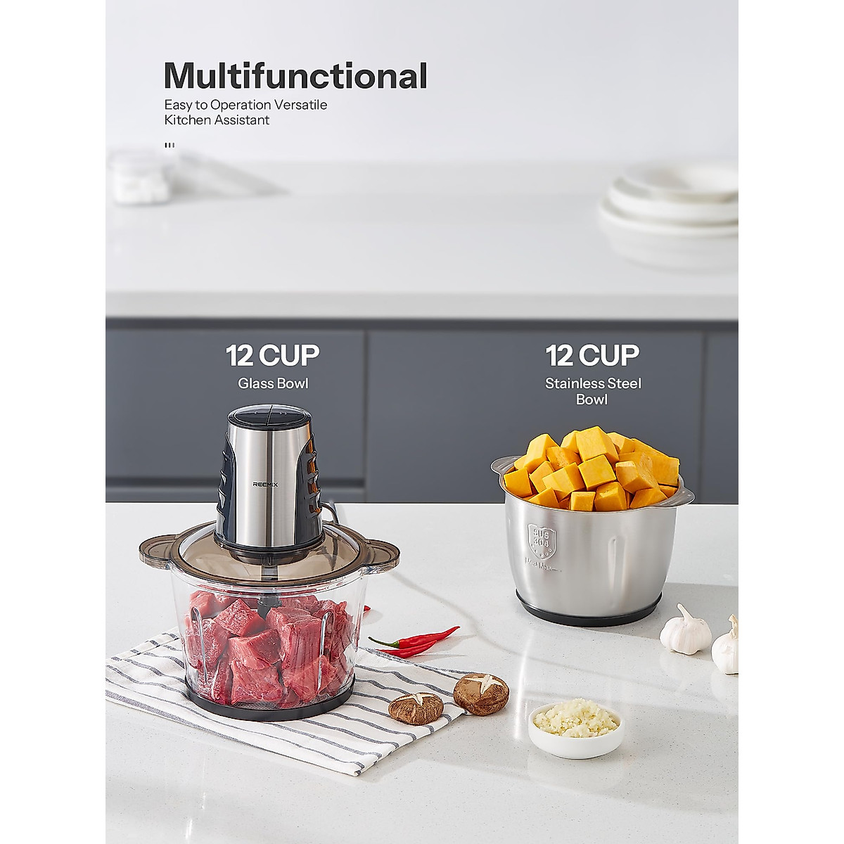 Food Processors with 2 Large Bowls(12 Cup+12 Cup), Reemix Electric Chopper with Powerful 500W Copper Motor, 4 Bi-Level Blades for Fruits, Meat, Vegetables, Baby Food, Nuts, 2 Speeds