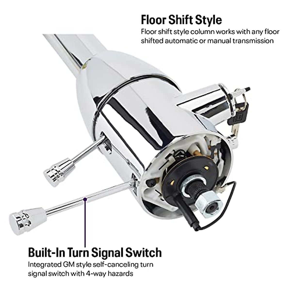 Universal GM Tilt Steering Column, 30" Chrome Finish, Floor Shift, 5-Position Tilt, Integrated Turn Signal & Hazard Switch, Compatible with '69-'94 GM Specs, Includes Ignition, Keys, & Billet Levers