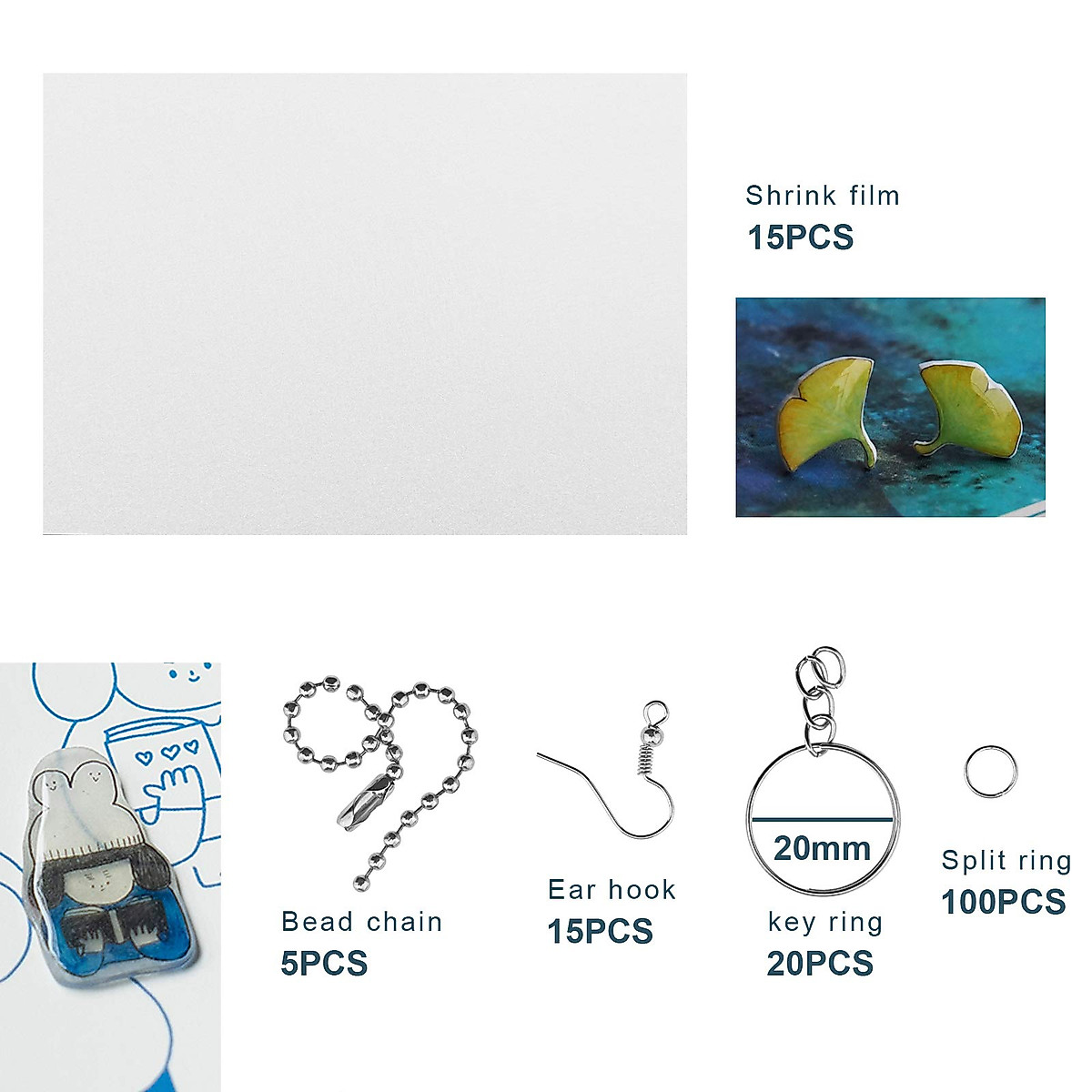 Micro Traders 155 Pcs Heat Shrink Plastic Sheet Kit Include 15 Pcs Shrinky Art Paper with 100 Pcs Open Jump Rings 20 Pcs Key Rings 15 Pcs Ear Hooks 5 Pcs Bead Chains for DIY Creative Craft Tool