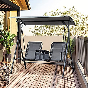 Outsunny 2-Seat Patio Swing Chair, Outdoor Canopy Swing Glider with Pivot Storage Table, Cup Holder, Adjustable Shade, Bungie Seat Suspension and Weather Resistant Steel Frame, Grey