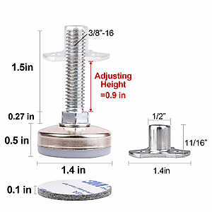 Heavy Duty Furniture Leveling Feet Adjustable Furniture Leg Levelers for Tables Chairs Cabinets Sofa Raiser, Support 1320LBs, T- Nut Kit 3/8”-16 Thread, Large Base,w/ 4 Felt Pads,12 Screws (4 Pack)