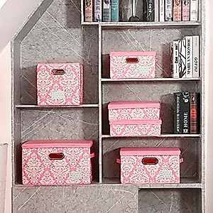 SEEKIND Storage Box, Decorative Storage Bins with Lid,6 in 1 Set,with Handles,Foldable for Space Saving Storage Boxes,for Bras，Clothes, Cosmetic,Blankets (Pink) …
