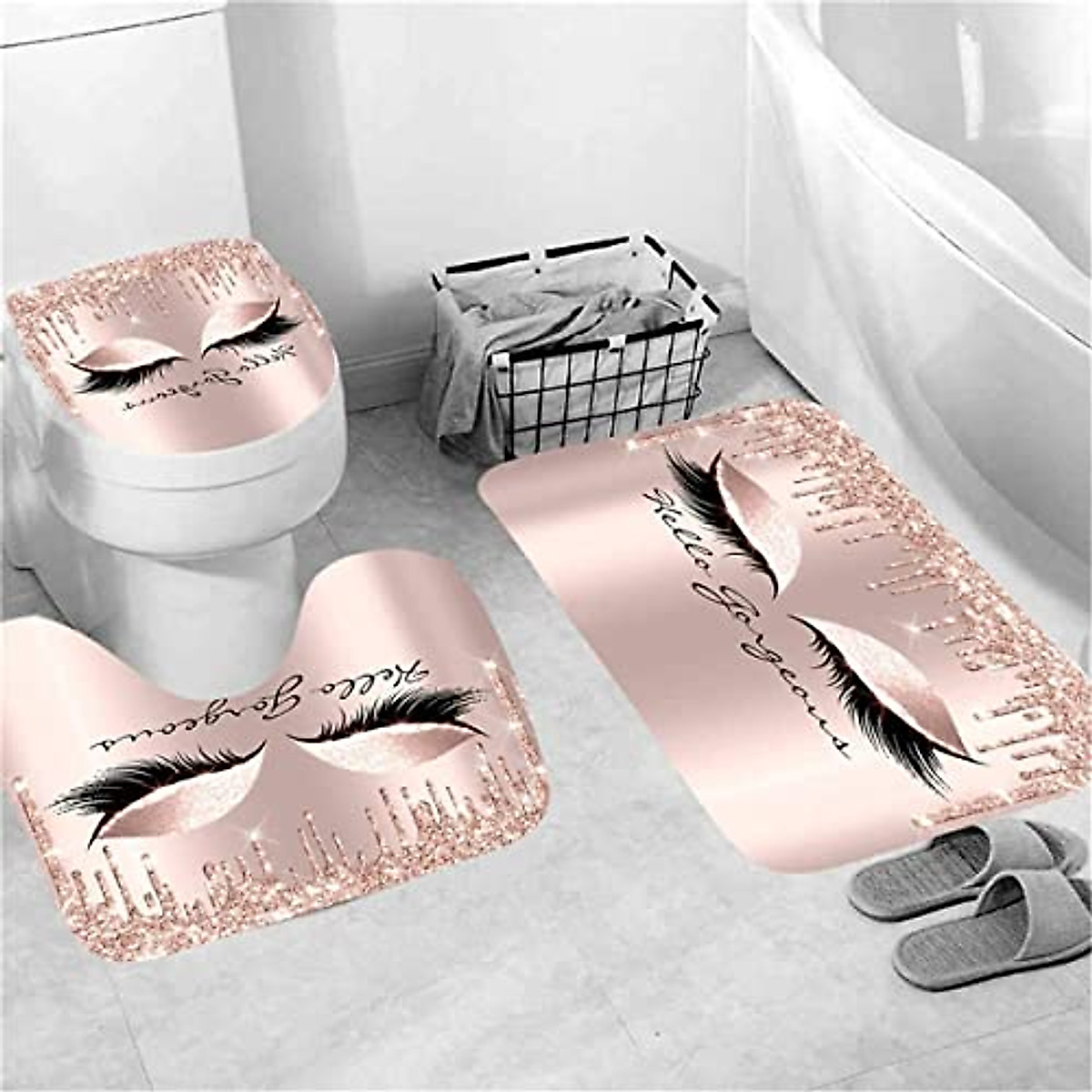 Byitre 4PCS Shower Curtain Set with Rugs,Toilet Lid Cover and U-Shaped Mat,African American Shower Curtains for Bathroom Waterproof Polyester Black Women Bathroom Sets, 71'' x 71'' (QY005Eyelashes)