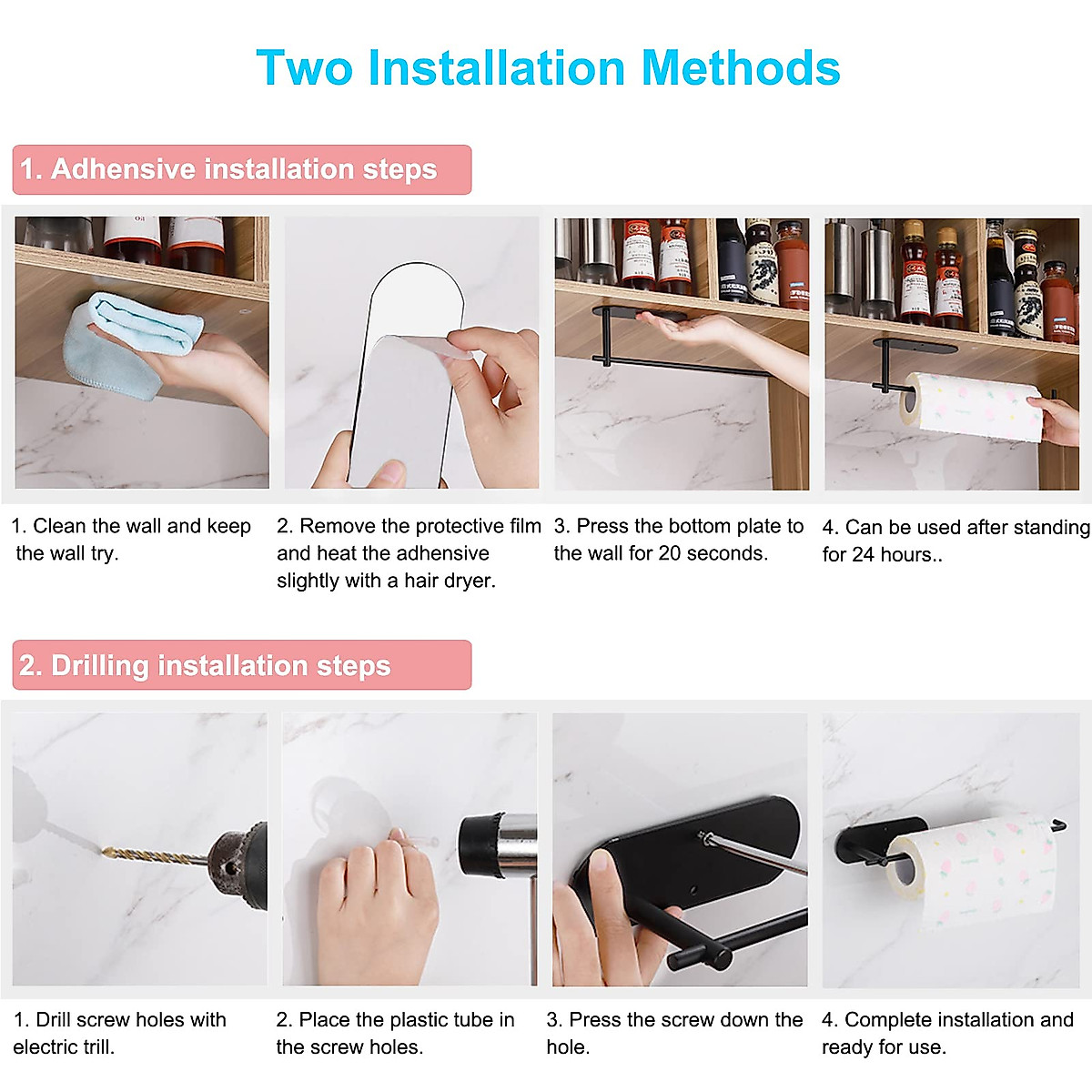 Black Paper Towel Holder Under Cabinet, Paper Towel Holder Wall Mount for Kitchen, Adhesive Paper Towel Holder for Bathroom, Self Adhesive or Drilling Stainless Steel Paper Towel Holders