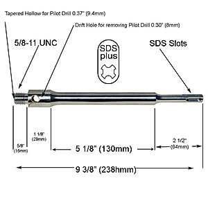 SDS Plus Core Drill Bit Adapter with Pilot Drill Core Drill Bit Extended Adapter with TCT Pilot Drill Bit for 6" Long Core Drill Bits Drill Deep Deep Holes for Drilling Concrete Brick and Masonry
