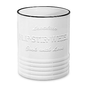 Laveduso Utensil Holder, 7.2" Large Utensil Crock, Ceramic Utensil Holder for Countertop, with Cork mat, Stable and Easy to Clean, Vintage Cooking Utensil Holder for Farmhouse Kitchen Decor, White