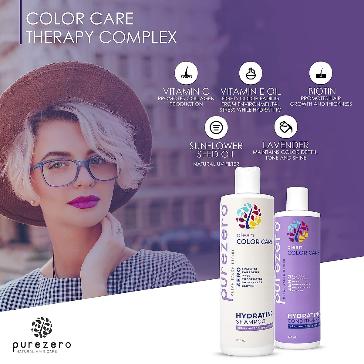 Purezero Clean Color Care Hydrating Shampoo & Conditioner Set - Toning, Balance for Color Treated Hair - Hydrate Dry Hair - Zero Sulfates, Parabens