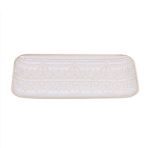 Rectangular Vanity Sink Tray for Bathroom Ceramic Kitchen Dreesser Tray with Emboss Pattern, Comestic Jewelry Dish Ring Holder Bathtub Organizer Dessert Plate Home Decor, Cream