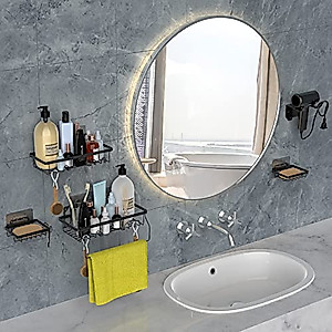 AucrBoa 6 Pack Shower Caddy Bathroom Shelf with Hair Dryer Holder, and Towel bar and Soap Dishes, No Drilling Traceless Adhesive Wall Mounted Bathroom Storage Organizer Basket with Hooks,Black