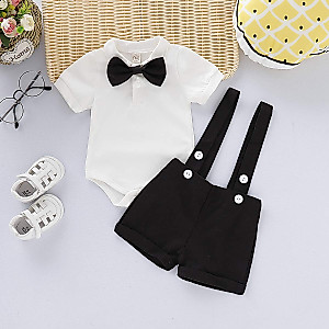 RUSHAIBAR Baby Boys Formal Outfits Suit Set Romper Suspenders Shorts Pants Bowtie Wedding Tuxedo Cake Smash Clothes black 18-24 Months