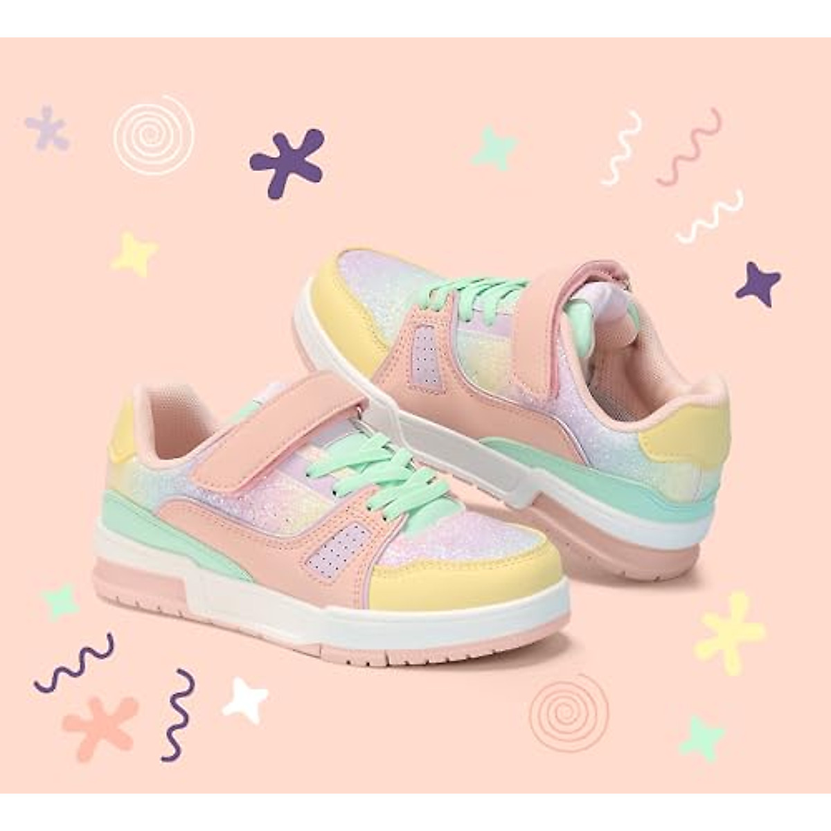 LUCKY STEP Children/Kids/Boys/Girl Comfort Casual School Low Top Sneaker Strap Athletic Tennis Running Shoes (Pink/Rainbow,Little Kids 2)