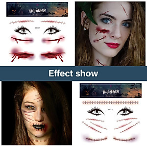 AUOCATTAIL 12 Count Halloween Temporary Tattoos Face Shoulder Arm Back Tattoos Stickers - Spider, Bat, Zombie, Scar for Death Day Makeup Face Tattoos for Women Men Party Supplies