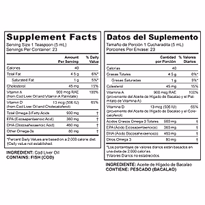 De La Cruz Cod Liver Oil Liquid - Pure Wild-Caught Icelandic Fish Oil 4 FL OZ (118 mL)