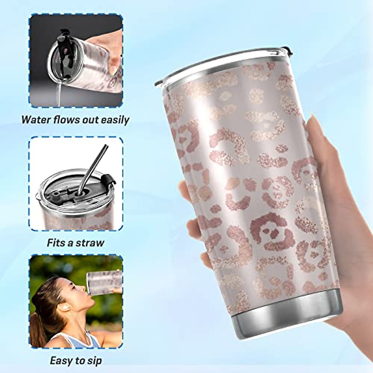 Leopard Print Cheetah Rose Gold Insulated Tumbler Cup with Straw Lid Vacuum Reusable Stainless Steel Water Bottle Coffee Travel Mug 20oz