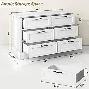 biukpci White 6 Drawer Dresser for Bedroom, Modern Chest of Drawers with Deep Drawers, Wood Double Dresser for Storage Clothes