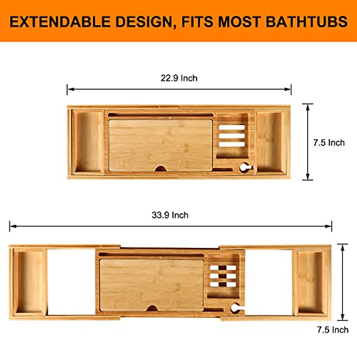 Bamboo Bathtub Caddy Tray, Expandable Bath Tray Table for Tub with Wine Glass Slot Book Phone Tablet Holder, Adjustable Bathroom Bathtub Organizer for Relaxing Bath Gift Idea