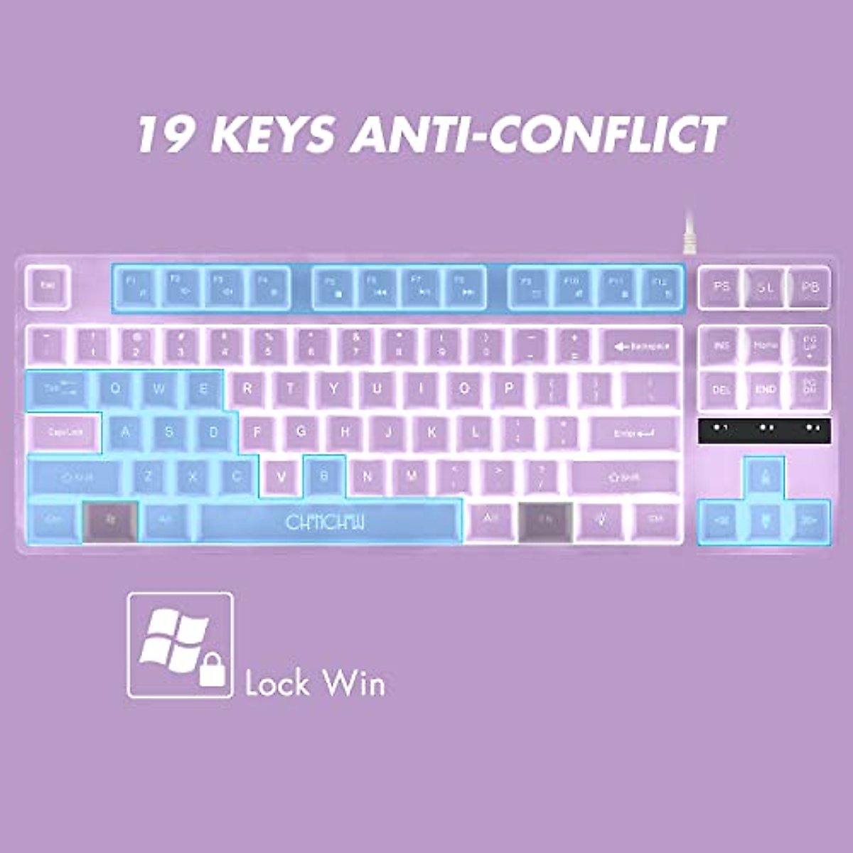 Gaming Keyboard and Mouse Purple Keyboard with White Backlit,CHONCNHOW 87keys LED Keyboard and Mic 3600DPI Wired 19-Keys No Conflict for Windows/Mac/Games（PurpleI，lluminated Key）