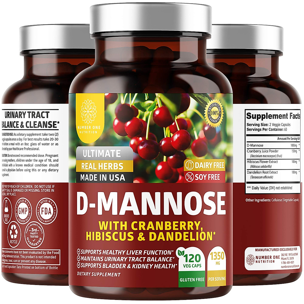 Number One Nutrition Premium D Mannose with Cranberry and Hibiscus [Max Strength, 1350mg] Naturally Supports Urinary Tract Health, Flush Impurities and Bladder Health, 120 Veg Caps