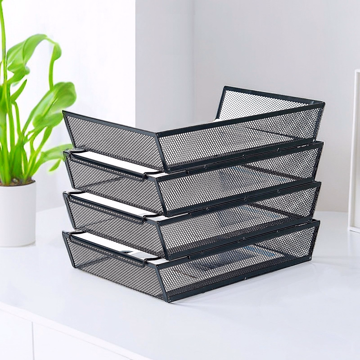 SETTFRFE 4 Tier Metal Mesh Desk Organizer-Stackable Letter Trays for Office Supplies,Black File Storage System with Reinforced Edges