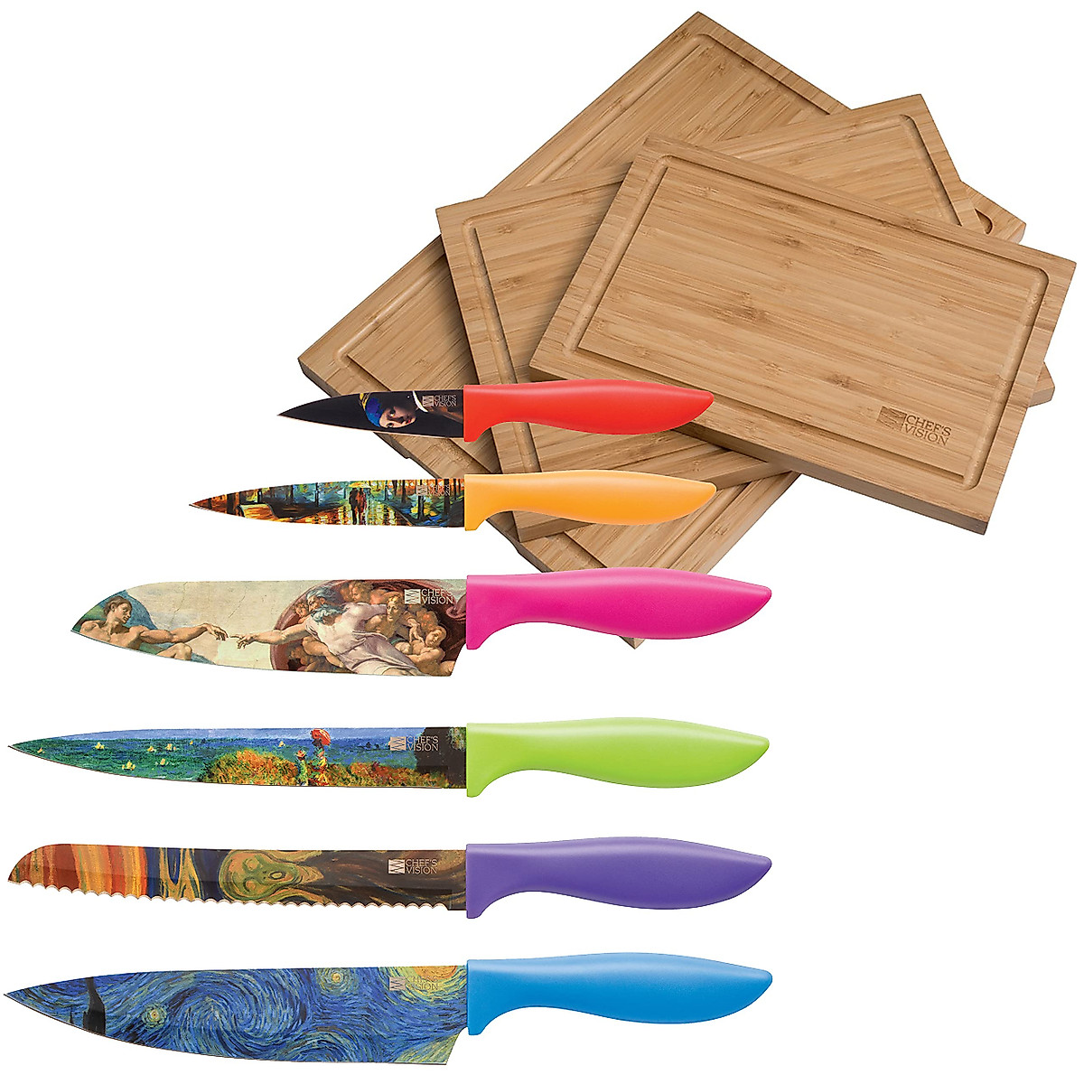 Masterpiece Knife Set Bundled With Slice Bright Bamboo Cutting Boards 3 Set