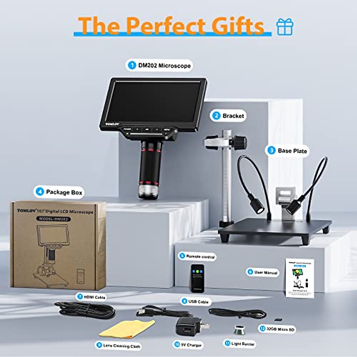 TOMLOV DM202 HDMI Digital Microscope,10.1 Inch LCD Microscope,16MP Coin Microscope Camera with Screen for Adults, Micro Soldering Microscope, TV/Windows/Mac Compatible, 32GB Card Included