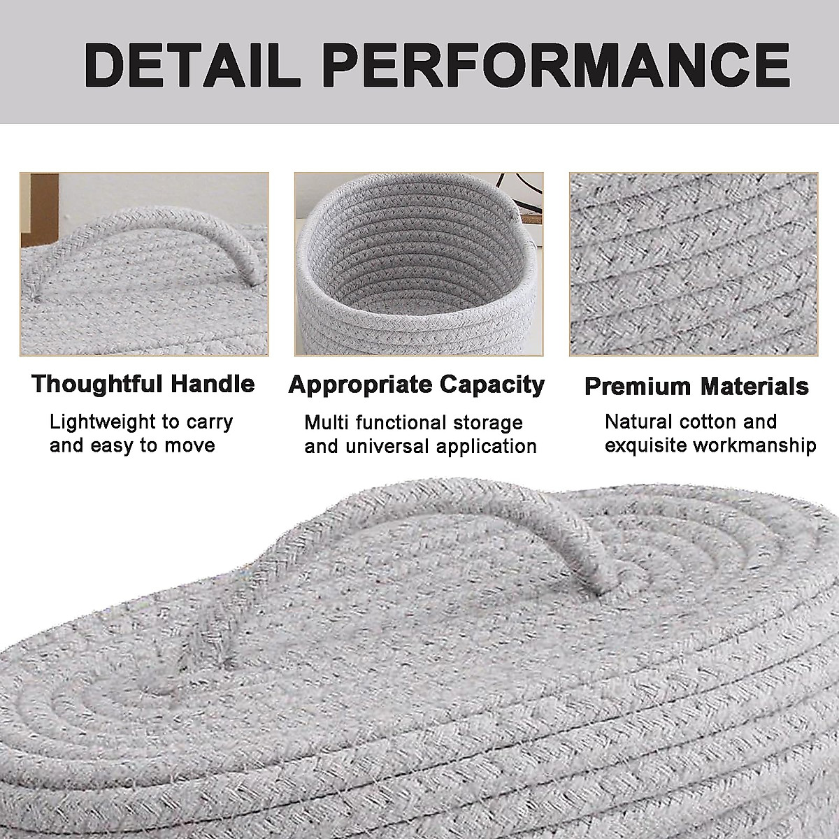 Cotton Rope Storage Basket with Lid,Desktop Storage Box,Multifunctional Handmade Oval Woven Basket,Sundries Storage Basket,Lidded Woven Storage Bin for Makeup Sundries Snack Needles(Grey)