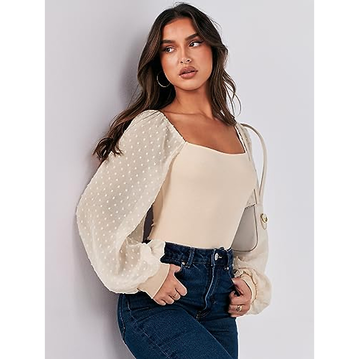 ANRABESS Rompers for Women Sheer Swiss Dot Puff Sleeve Square Neck Bodysuit Fall Casual Long Sleeve Dressy Leotard Top 1071xingse-L