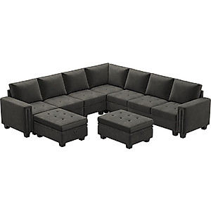 Belffin Oversized Velvet Modular 8-Seat Sectional Sofa Set with Storage Ottoman U Shaped Couch Set Modular Sectional Convertible Sofa Couch with Reversible Chaise Corner Sofa Couch Set Grey
