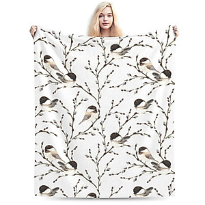 HGOD DESIGNS Bird Throw Blanket Flannel Fleece Blanket Willow Branches and Birds Black-Capped Chickadee Lightweight Throw for Bed Sofa Travel Teens Birthday s 50" x 60