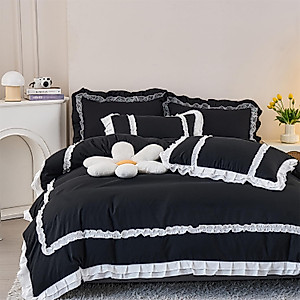 Girls Lace Bedding, Queen Comforter Cover Set, Chic Ruffled Duvet Cover with 2 Layers Ruffle,Princess Style 1 Duvet Cover with 2 Pillowcases, No Comforter-Black,Queen Size