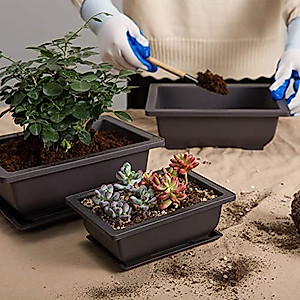 MissFox Bonsai Bowl with Saucer, Flower Pot Rectangular Plastic Bonsai Pot Set Plant Pot for Garden, 6 Pieces Flower Pots Large with Tray, 23 x 17 x 8 cm