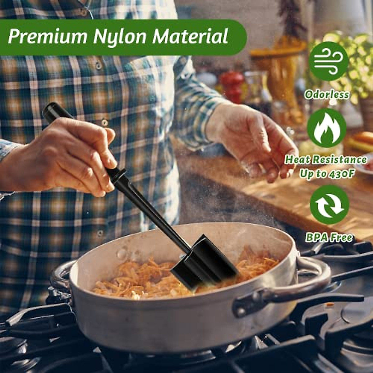 Meat Chopper, Hamburger Chopper, Potato Masher-Professional Multifunctional Heat Resistant Nylon Ground Beef Smasher Kitchen Tools And Gadgets, ​Safe For Non-Stick Cookware