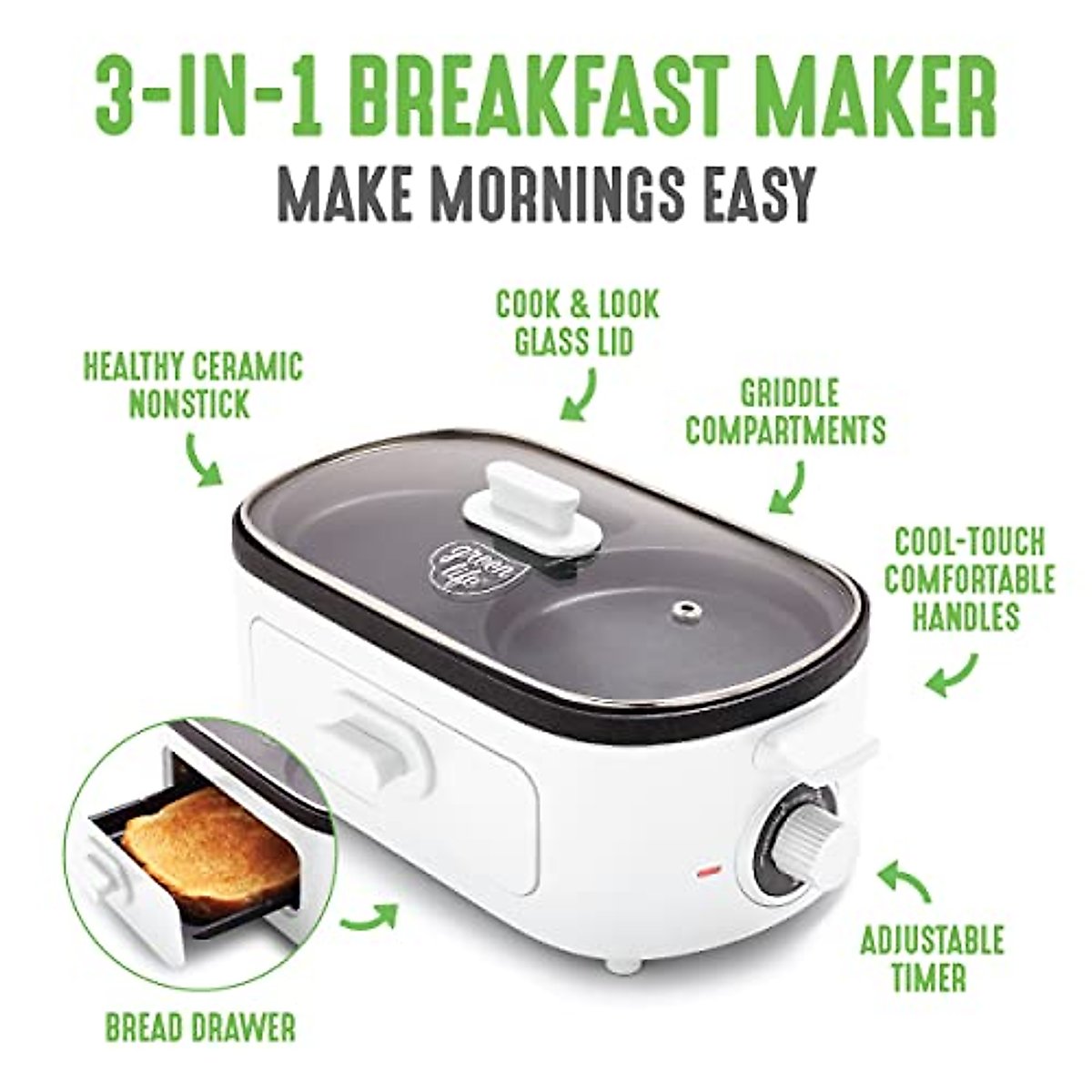 GreenLife 3-in-1 Breakfast Maker Station, Healthy Ceramic Nonstick Dual Griddles for Eggs Meat and Pancakes, 2 Slice Toast Drawer, Easy-to-use Timer, White
