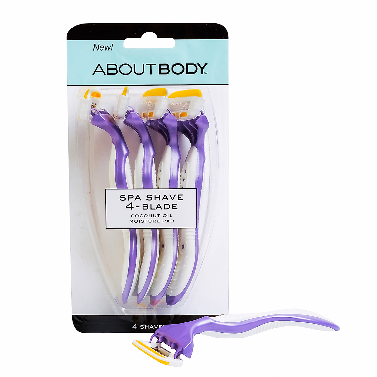 About Body Spa Shave 4-Blade Disposable Razors, Premium Disposable Shavers With Coconut Oil Moisture Pad, 4 Count
