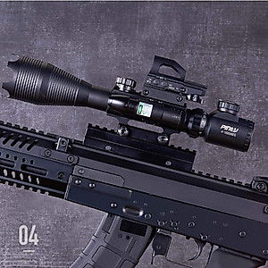 PINTY Rifle Scope Red Dot Laser Combo — 4in1 Gun Set with 4-16x50 Illuminated Hunting Scope, Green/Red Dot, Green Laser Sight, Pic Riser — Tactical Scope and Laser for Shooting Airsoft More, Black