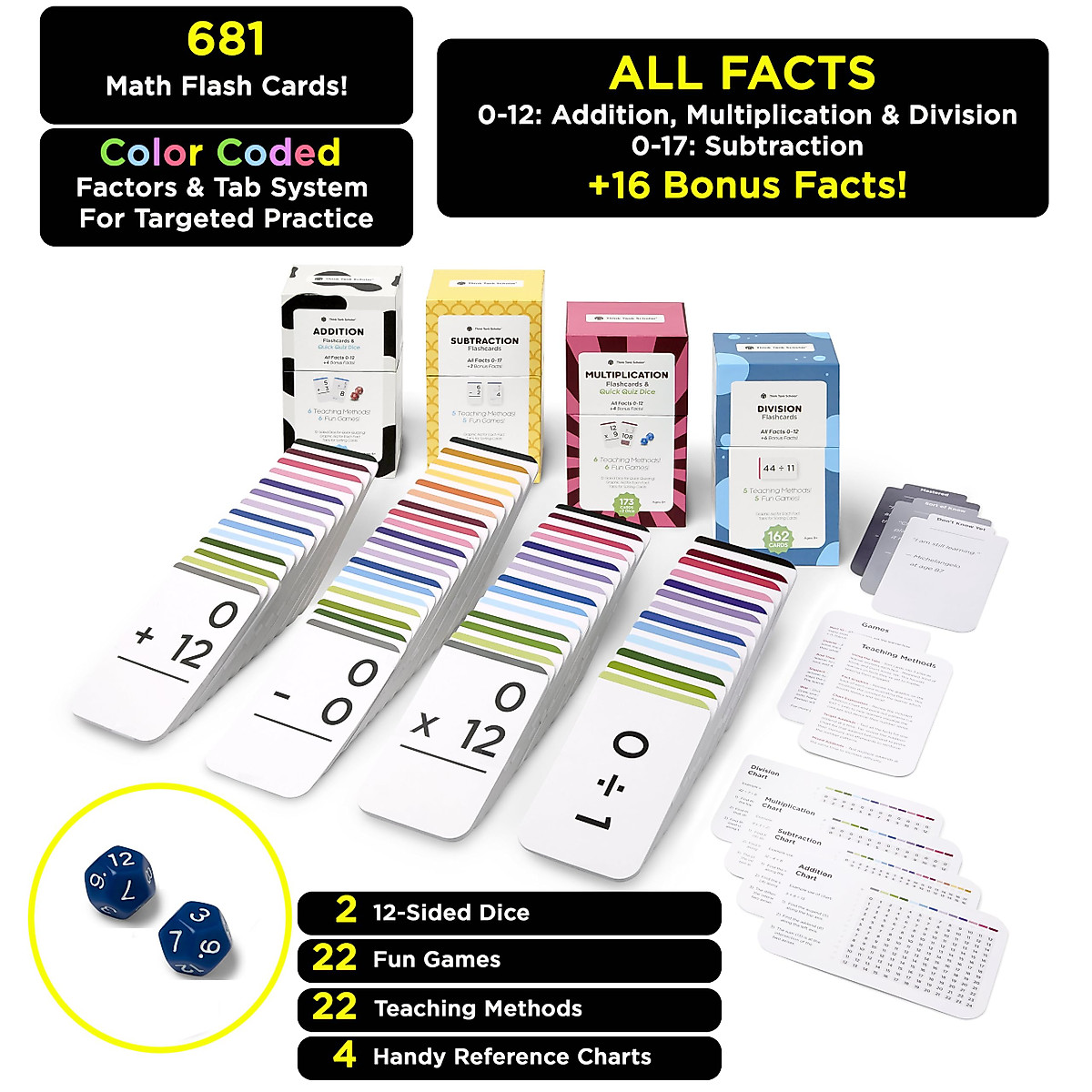 Think Tank Scholar 681 Math Flash Cards & Math Dice (Award Winning) Addition, Subtraction, Multiplication & Division - All Facts & Games - Kids Ages 4+ Kindergarten, 1ST, 2ND, 3RD, 4TH, 5TH, 6TH Grade