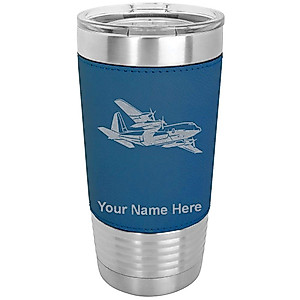 LaserGram 20oz Vacuum Insulated Tumbler Mug, Cargo Airplane, Personalized Engraving Included (Faux Leather, Blue)