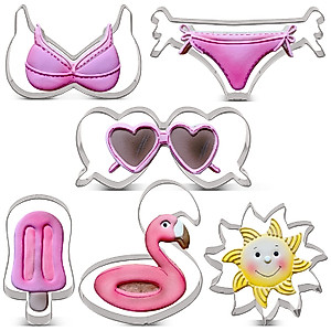 LILIAO Summer Beach Cookie Cutter Set - 6 Piece - Sun, Flamingo Float, Popsicle, Heart Sunglasses and Bikini Biscuit Cutters - Stainless Steel