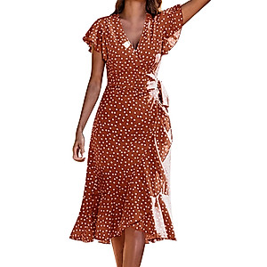 SweatyRocks Women's Polka Dots Short Sleeve V Neck Wrap Dress Tie Side Ruffle Midi Dresses Burnt Orange M