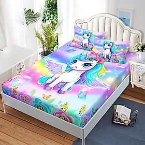 XYNHML Kid Unicorn Fitted Sheet Set Twin Size Rainbow Flower Star Pattern Kid Bed Sheet Cute Unicorn Butterfly Bedding Set for Boys Girls Includes 1 Fitted Sheets & 2 Pillowcases No Flat Sheet